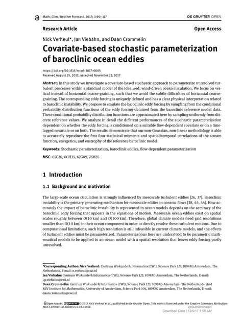 Pdf Covariate Based Stochastic Parameterization Of Baroclinic Ocean Eddies