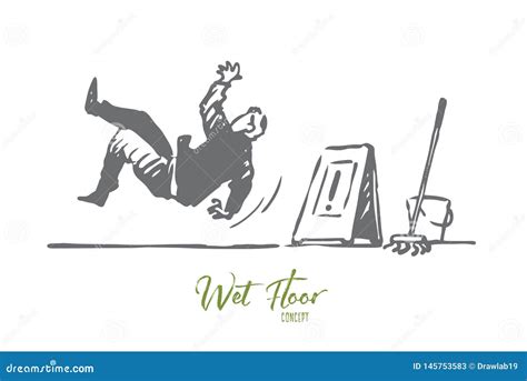 Floor Wet Caution Sign Slippery Concept Hand Drawn Isolated Vector