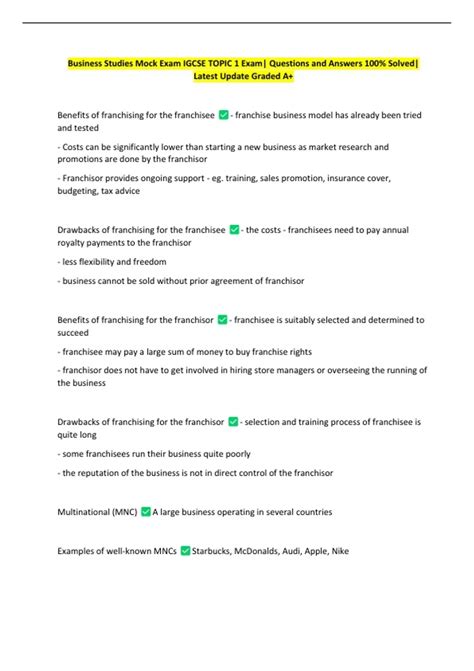 Business Studies Mock Exam Igcse Topic 1 Exam Questions And Answers 100 Solved Latest Update