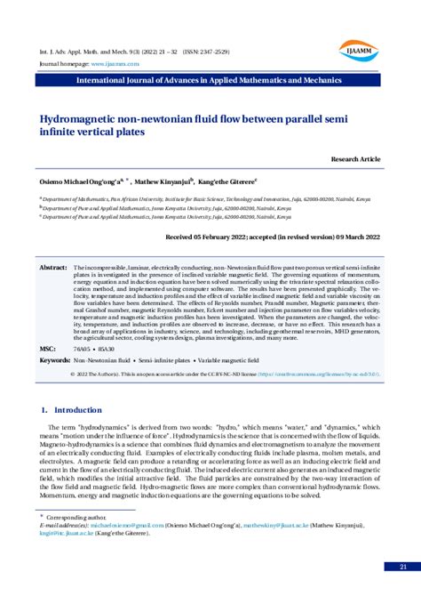 Pdf Hydromagnetic Non Newtonian Fluid Flow Between Parallel Semi Infinite Vertical Plates