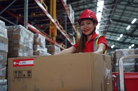 An Attractive Asian Logistics Warehouse Staff Girl Wearing Red Safety Helmet Red Warehouse
