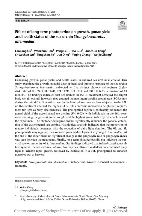 Effects Of Long Term Photoperiod On Growth Gonad Yield And Health Status Of The Sea Urchin