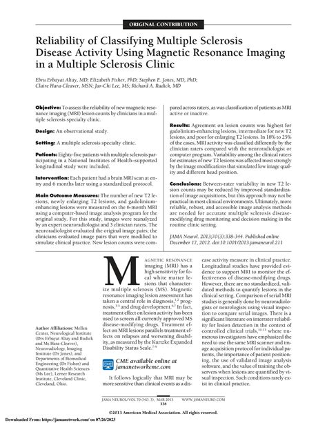 Solution Reliability Of Classifying Multiple Sclerosis Disease Activity Using Magnetic