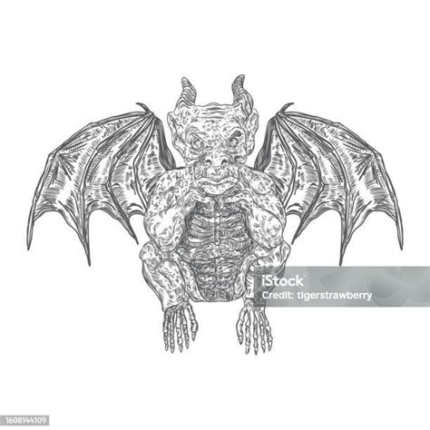 가고일은 뿔 송곳니 발톱을 가진 환상적인 짐승 생물인 악마 키메라와 같은 인간과 드래곤 박쥐를 공격하기 위해 공격적인 위치에 앉아 있습니다 중세에 손으로 그린 고딕 양식의