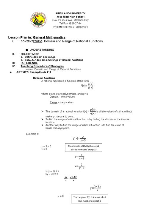 531502225 Lesson No 11 Domain And Range Of Rational Functions Arellano University Jose Rizal