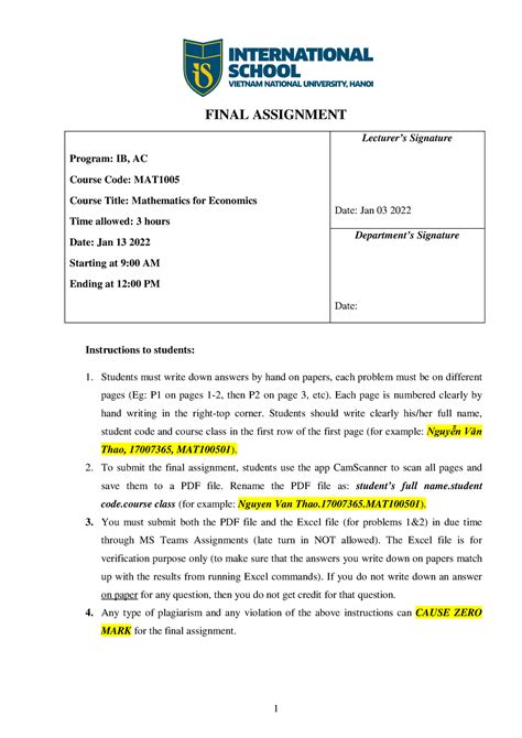 Final Assignment MAT1005 S1 21 22 FINAL ASSIGNMENT Program IB AC