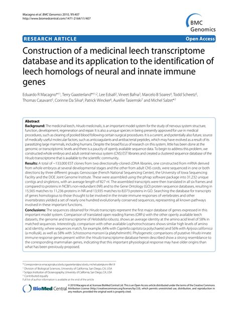 Pdf Construction Of A Medicinal Leech Transcriptome Database And Its