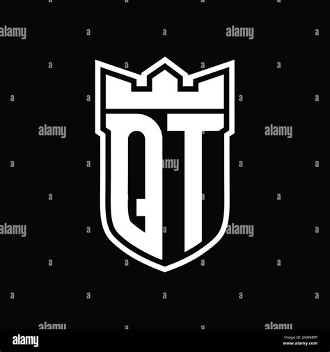 QT Letter Logo With Shield Shape With Geometric Crown Inside White Outline On Black Background