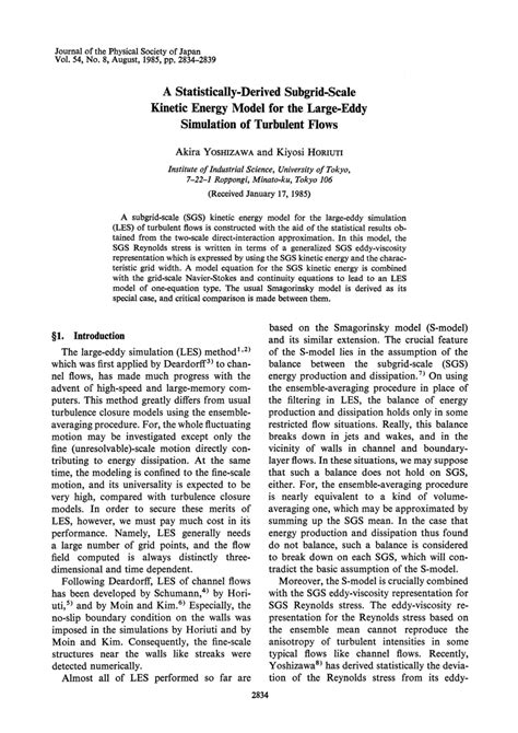 Pdf A Statistically Derived Subgrid Scale Kinetic Energy Model For The Large Eddy Simulation