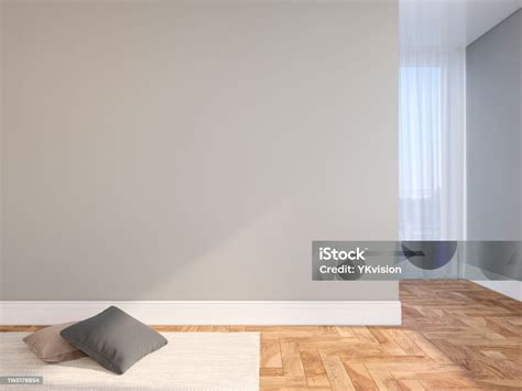회색 빈 벽 베개 카펫 커튼 및 헤링 본 나무 바닥 빈 인테리어 3d 렌더 그림 모의 업 0명에 대한 스톡 사진 및 기타 이미지 Istock