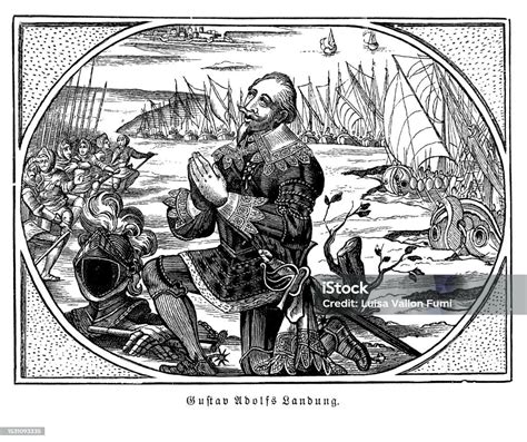 스웨덴의 구스타프 아돌프 바사에 상륙한 후 기도하고 있다 17세기에 대한 스톡 벡터 아트 및 기타 이미지 Istock