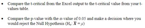 Solved Compare The T Critical From The Excel Output To The Chegg Com