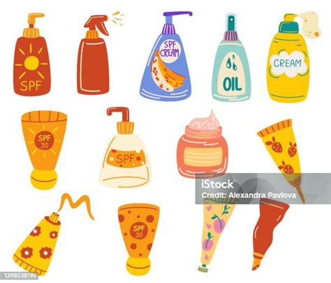 선 스크린 크림 세트 태양 자외선으로부터 피부를 보호합니다 여름 화장품 자외선 차단제 피부 보호 피부 관리 제품 벡터 손 그리기 그림 0명에 대한 스톡 벡터 아트 및 기타