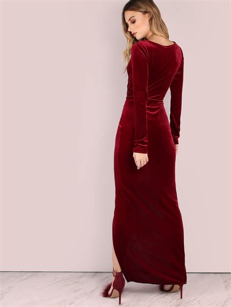 Long Sleeve Asymmetrical Velvet Maxi Dress Wine Sheinsheinside
