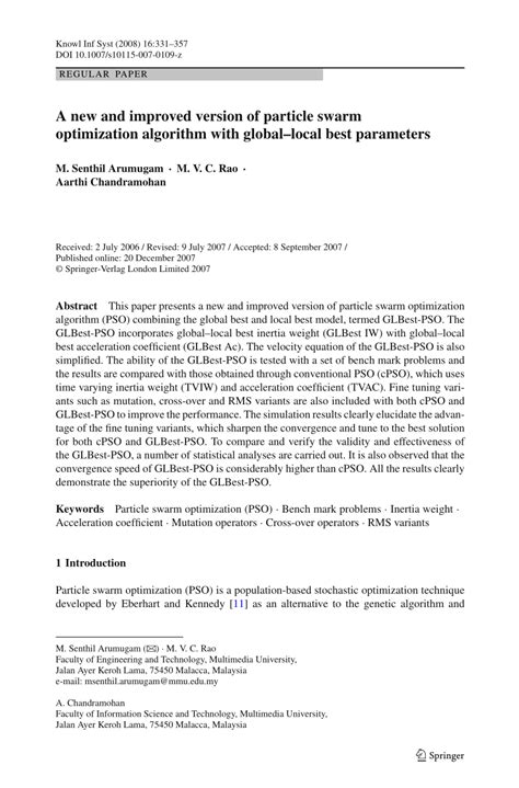 Pdf A New And Improved Version Of Particle Swarm Optimization Algorithm With Global Local Best