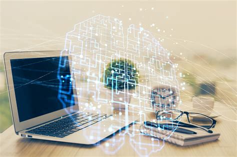 데스크톱 컴퓨터와 인간의 두뇌 그리기 홀로그램의 이중 노출 Ai 컨셉 개념에 대한 스톡 사진 및 기타 이미지 개념 개발 경제 Istock