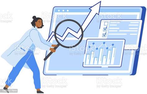 과학자는 데이터 분석 및 통계 연구를 담당합니다 차트를 보고 있는 확대경을 가진 여자 3차원 형태에 대한 스톡 벡터 아트 및 기타 이미지 3차원 형태 개념 개발