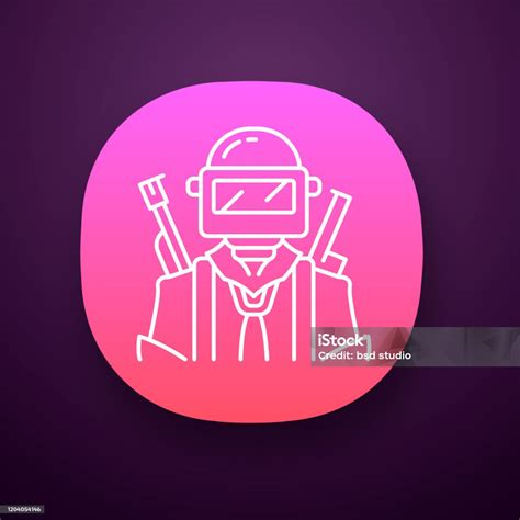 게임 군인 응용 프로그램 아이콘입니다 안전 장비에 무기를 가진 플레이어 가상 게임 인벤토리 총을 가진 보호 헬멧에 플레이어 Ui Ux 사용자 인터페이스 웹 또는 모바일 응용