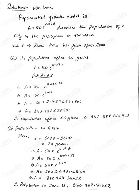 Solved The Exponential Growth Model A 50e 0 07t Describe The Population Of City In The