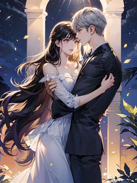 시선 앞에서 포옹하는 웨딩 드레스를 입은 애니메이션 커플 Seaart Ai