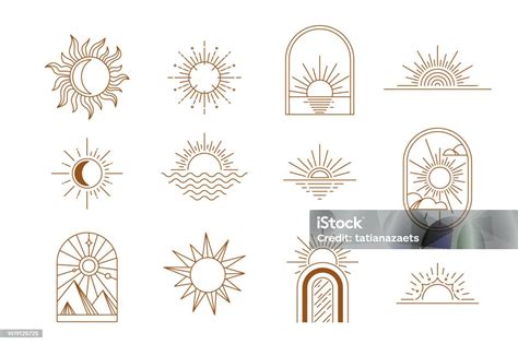 태양 간단한 현대적인 라인 스타일의 달 자연 로고 디자인 최소한의 일몰 일출 햇빛으로 설정된 보호 요소 벡터 신비한 마법의 밀교 상징 태양 하늘에 대한 스톡 벡터 아트 및