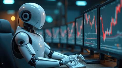 Robotic Trader Analyzing Stock Market Data On Multiple Screens In A