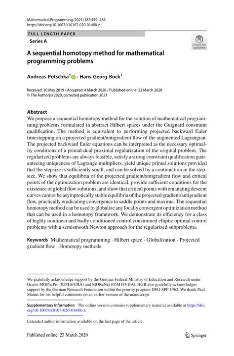 Pdf A Sequential Homotopy Method For Mathematical Programming Problems