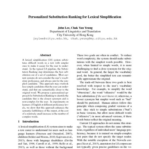 Personalized Substitution Ranking For Lexical Simplification Acl Anthology