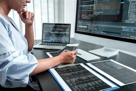 Female Developer Programmer Working On Coding Program Software Computer Writing Website And