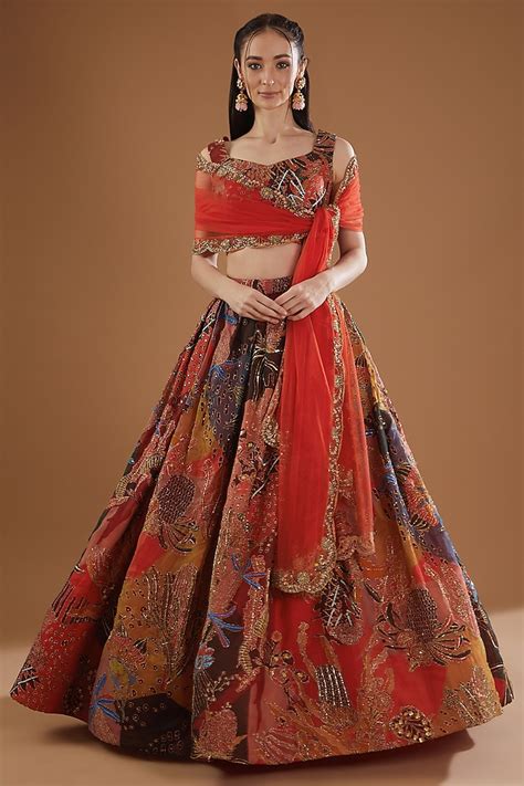 Red Printed And Embellished Lehenga Set Design By Aisha Rao At Pernias