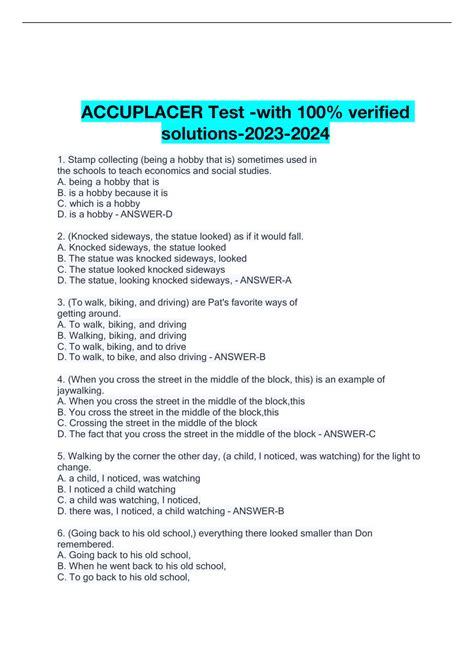 Accuplacer Test With 100 Verified Solutions Accuplacer Stuvia Us