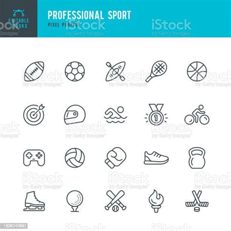 프로 스포츠 얇은 라인 벡터 아이콘 세트 편집 가능한 스트로크 픽셀 완벽 이 세트에는 축구 미식 축구 농구 야구 복싱 E스포츠 아이스하키 수영 피겨 스케이팅 골프 올림픽