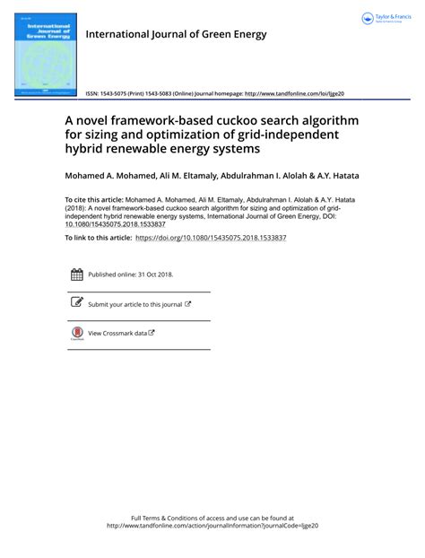 Pdf A Novel Framework Based Cuckoo Search Algorithm For Sizing And Optimization Of Grid