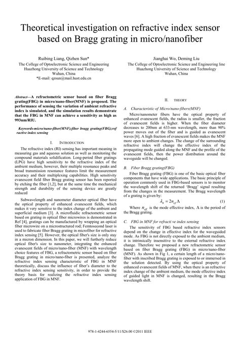 Pdf Theoretical Investigation On Refractive Index Sensor Based On Bragg Grating In Micro Nanofiber