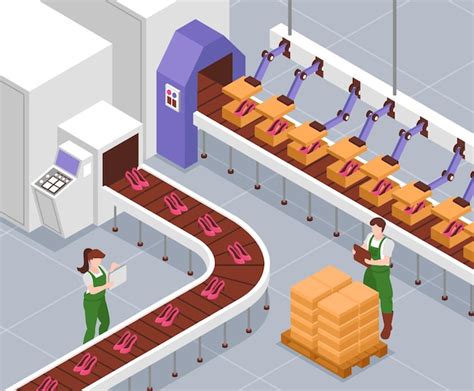 공장 장비 악기 및 제화공 일러스트와 함께 신발 제조 아이소메트릭 순서도 무료 벡터