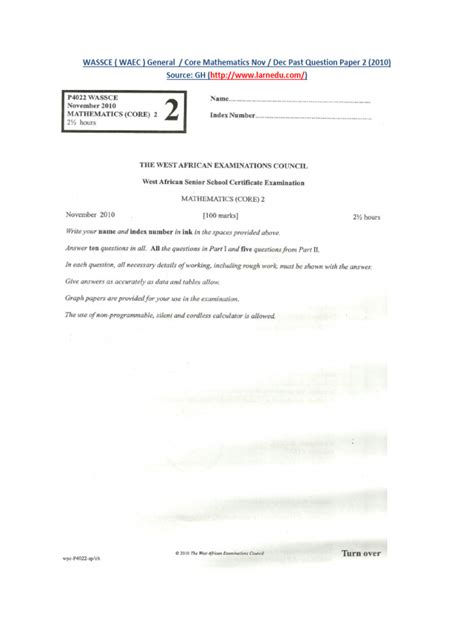 Waec Wassce Core General Mathematics Maths Nov Dec Past Questions Pdf
