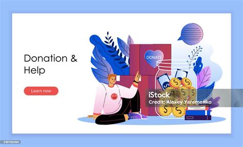 기부 랜딩 페이지 골판지 상자와 황금 동전이 담긴 항아리 근처에 있는 남자 자선 단체 자원 봉사자 이타주의 관대함 친절함 평면 벡터 일러스트 레이 션 공동체에 대한 스톡