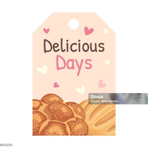 베이커리 태그 텍스트가있는 빵 벡터 일러스트 레이 션의 덩어리 라벨 전단지 및 엽서 디자인을위한 음식 휴일 및 디저트 개념 디자인에 대한 스톡 벡터 아트 및 기타 이미지