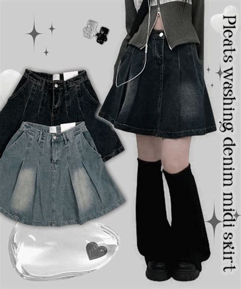 데일리힙 비커워싱데님플리츠미디스커트2color 에이블리