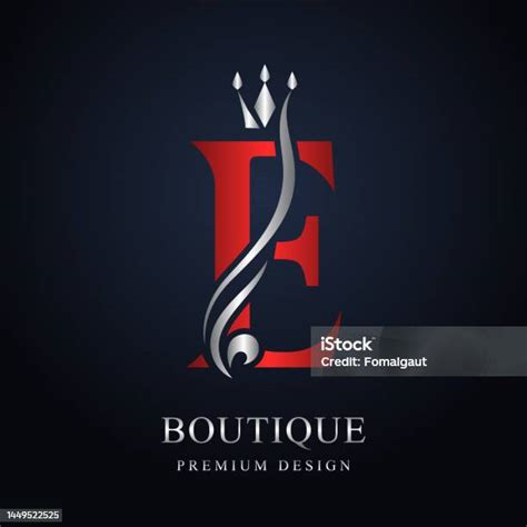 실버 크라운이 있는 빨간색 대문자 E 우아한 로얄 스타일 붓글씨 아름 다운 로고입니다 책 디자인 브랜드 이름 명함 레스토랑 부티크를 위한 빈티지 우아한 엠블럼 벡터 일러스트