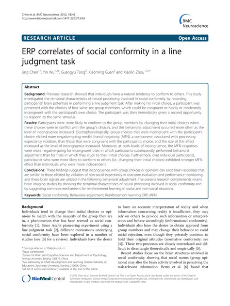 Pdf Erp Correlates Of Social Conformity In A Line Judgment Task
