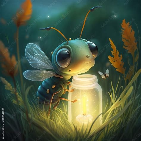 Cute Firefly With Bigeyes Light In A Jar Nature 3d Render Stock Illustration Adobe Stock