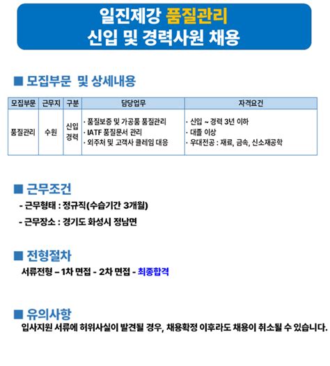 일진제강 품질관리 신입 및 경력사원 채용 공모전 대외활동 링커리어