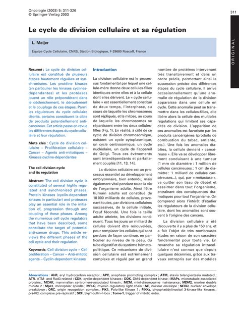 Pdf Le Cycle Cellulaire Et Sa Régulation