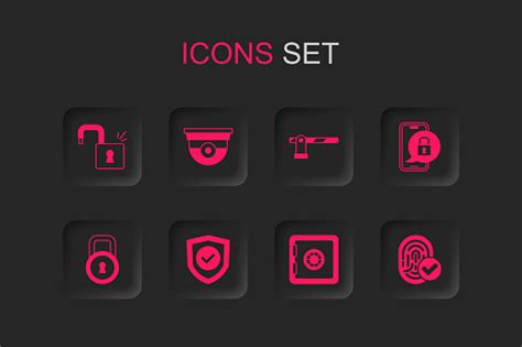 Set Shield With Check Mark Security Camera Open Padlock Safe Mobile