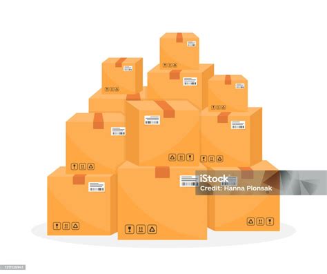 깨지기 쉬운 표지판과 화물 표시가있는 골판지 상자 더미 밀봉 된 소포 배달을 위해 쌓인 판지 상자 더미 벡터 그림입니다 3차원