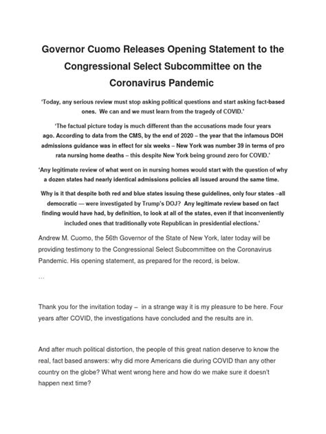 Cuomo Opening Statement To The Congressional Select Subcommittee On The