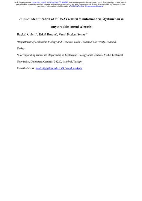 Pdf In Silico Identification Of Mirnas Related To Mitochondrial Dysfunction In Amyotrophic