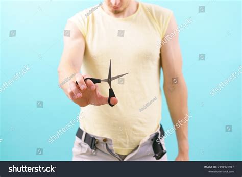 Man Unbuttoned Jeans Holds Scissors Stands Stock Photo Shutterstock