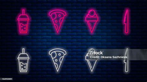 피자 의 세트 라인 조각 와플 콘에 아이스크림 마시는 빨대와 칼을 레모네이드 유리 벽돌 벽에 빛나는 네온 아이콘 벡터 0명에 대한 스톡 벡터 아트 및 기타 이미지 Istock